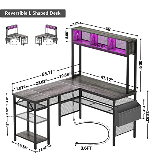 Unikito L Shaped Computer Desk with LED Strip and Power Outlets, Reversible L-Shaped Corner Desk with Storage Shelves and Bag, Industrial Home Office Desk Gaming Table with USB Port, Black Oak