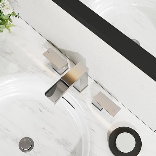 Pheistina 8-Inch Widespread Brushed Nickel 3 Holes 2 Handles Waterfall Bathroom Sink Faucet, with Metal Pop Up Drain Assembly & Cupc Water Supply Lines, NS-WF002-1-BN