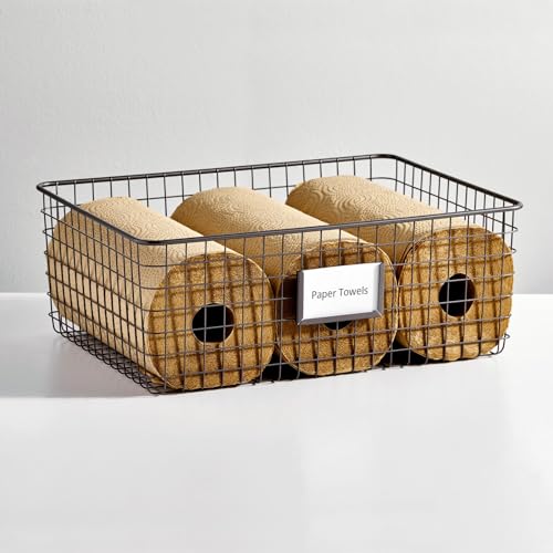 mDesign Wide Steel Wired Storage Organizer Bin Baskets with Label Slot for Kitchen Pantry, Cabinet, Organizing Holder for Food, Drinks, Snacks, Produce, Omaha Collection, 2 Pack, Matte Black