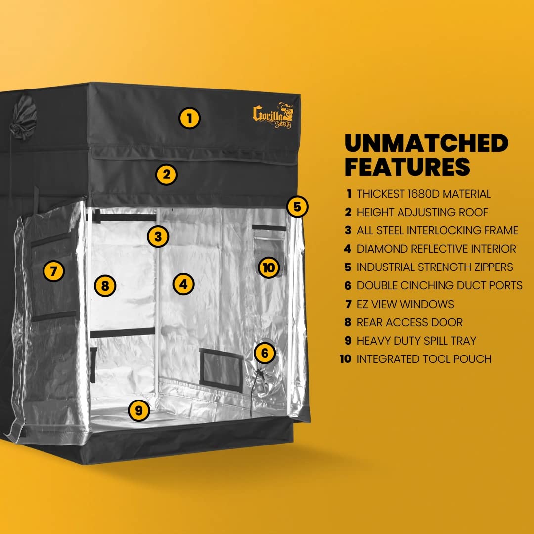Gorilla Grow Tent Shorty 4x4, Height-adjustable, Industrial-strength Thickest Canvas with EZ Clean Diamond Reflective Interior, Strongest Zippers, All-Steel Poles for Compact Indoor Growing