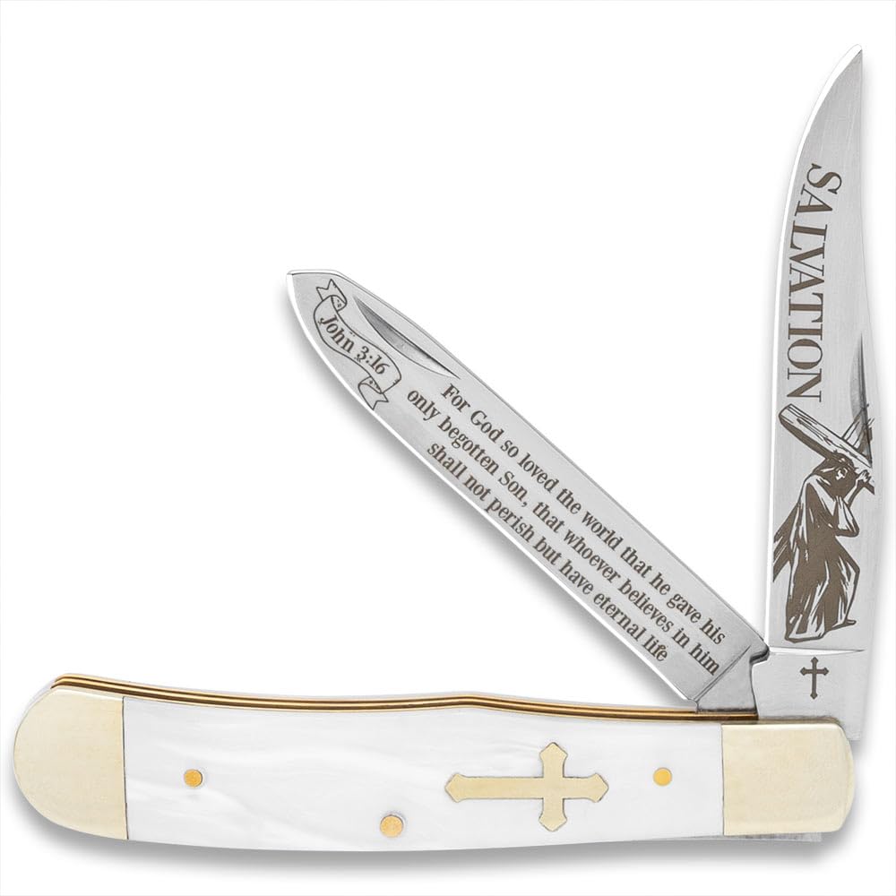 Salvation Pearl Trapper Pocket Knife | Laser Etched Stainless Steel Blades | John 3:16 | Jesus Christ Carrying Cross | Elegant Faux Pearl Handle Scales | Nickel Silver Bolsters | Closed Length 4"