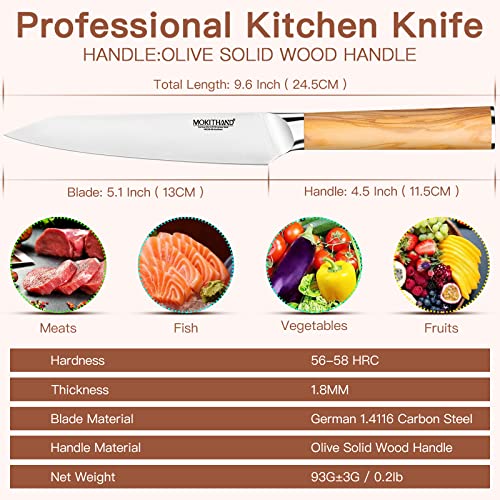 MOKITHAND Paring Knife 5 Inch Small Kitchen Knife, Professional Peeling Knife for Cutting Fruit Vegetables Meat, Forged German Steel Sharp Utility Knife with Sheath, Olive Wood Handle and Gift Box