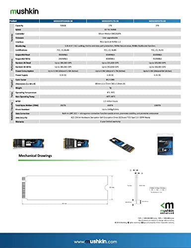 Mushkin Pilot-E – 2TB PCIe NVMe – Opal Data Encryption – M.2 (2280) Internal Solid State Drive (SSD) – Gen3 x4 – 3D TLC - (MKNSSDPE2TB-D8)