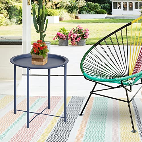 VECELO Modern End Side Tables,Round Metal Foldable Tray,Stable Snack Nightstand for Outdoors,Small Space,Living Room and Balcony, Blue, 18.5 in x 18.5 in x 19.7 in