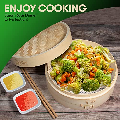 ÜM Homes 10 Inch Bamboo Steamer Basket, 2 Tier Basket Cooking Dumplings, Vegetable, Steamer Dim Sum, 2 Pairs of Chopsticks, 2 Sauce Trays, 2 Reusable Silicone Liners, 1 Steaming Ring, 1 Dumpling Maker