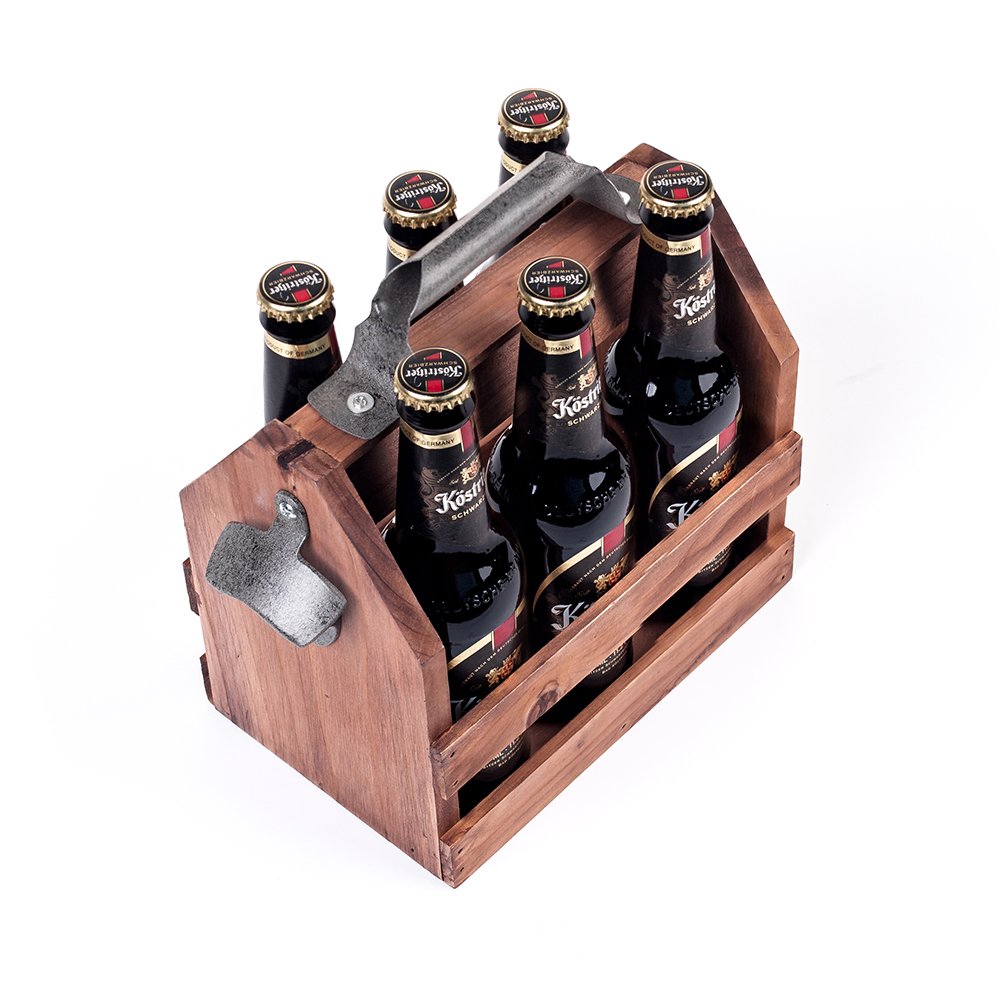 Mealivos Wooden Bottle Caddy, 6-Pack Beer Carrier with Built-In Metal Bottle Opener, Beer Buckets for 6 Beers