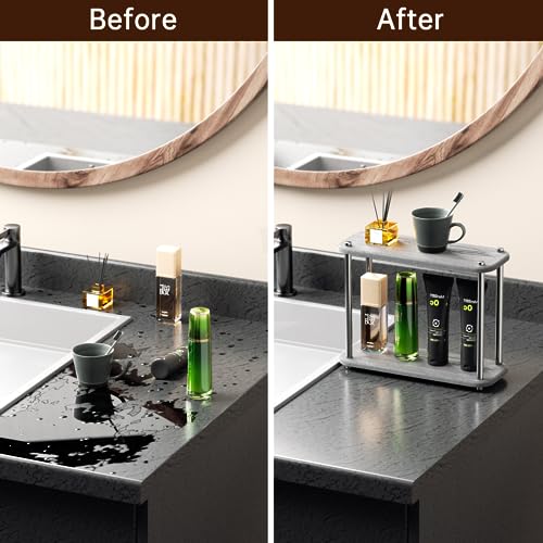Suewidfay Kitchen Sink Caddy Tidy Organizer, Instant Quick Fast Drying Diatomaceous Earth Sink Absorbing Stone Sponge Holder, Toothbrush Holder, 2-Tier, Grey