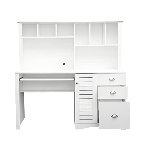 Ucloveria Computer Desk with Hutch,Home Office Wood Executive Desk with Drawers,Open Shelf,Writing Laptop Table with Keyboard Tray,File Cabinet Computer Desk for Bedroom,White