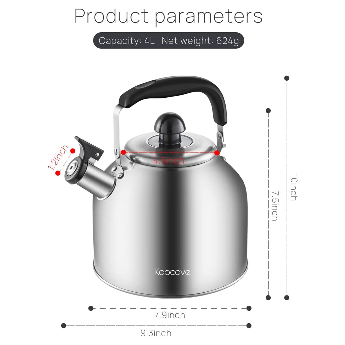 Koocovel Tea Kettle for Stove Top,304 Stainless Steel Tea Kettles,4L/4.2QT Tea Kettles for Kitchen,Camping,Traveling,Portable,Fast to Boil