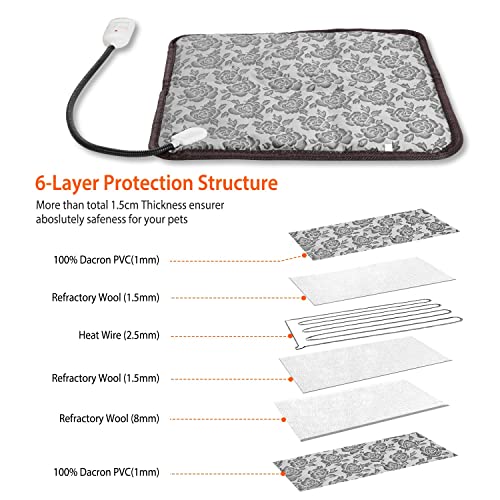 Pet Heating Pad, Cat Electric Heating Mat Waterproof, Pets Heated Bed Adjustable Dog Bed Warmer Electric Heating Mat with Chew Resistant Steel Cord (17.7x17.7, Flower)