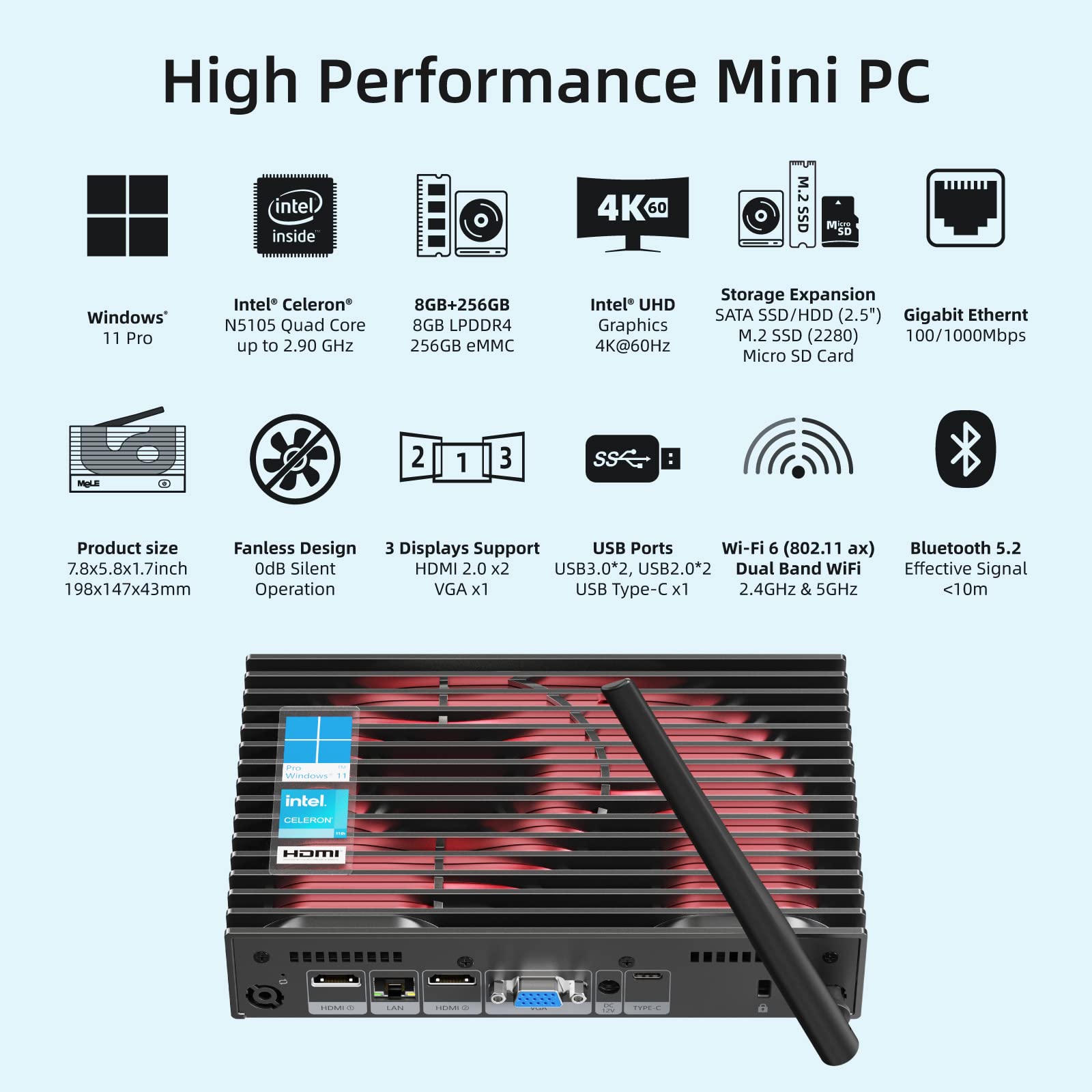 MeLE Fanless Mini PC Computer PCG35 N5105 8GB 256GB Windows-11-Pro Micro PC Support M.2 NVMe SSD 2.5" HDD/SSD 2X HDMI 4K +1x VGA Triple Display WiFi 6 Gigabit Ethernet BT5.2 on Business Office Home