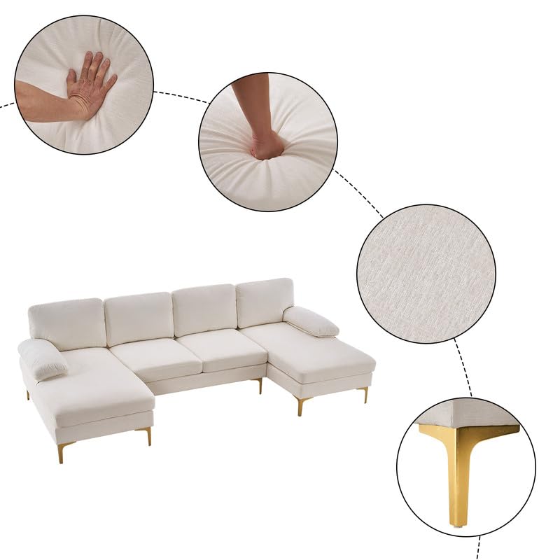 TURRIDU Couches for Living Room, Convertible Sectional Sofa Couch U Shaped Couch in Chenille with 2 Pillows and Metal Legs, 4-seat Modular Sofa for Apartment, Small Space, Lounge, White