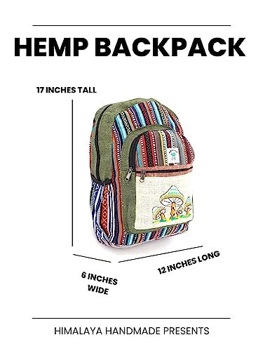 Unique Mushroom Embroidered Tie Dye Himalaya Hemp Large Hippie Backpack Festival Backpack FAIR TRADE Handmade with Love. (GREEN)