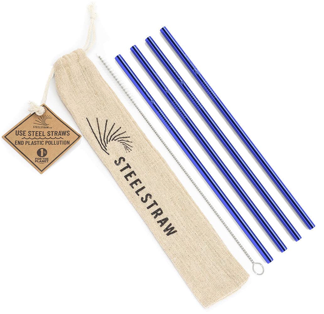 Metal Straws - 4 Reusable Stainless Steel Straws w/Cleaning Brush in Cloth Bag - Straight Straw fits 20 oz Tumblers
