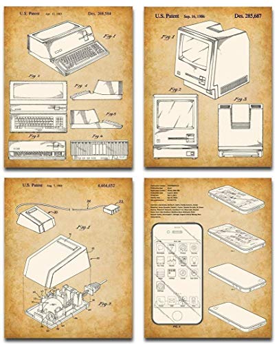 Original Steve Jobs Computer Patent Art Prints - Set of Four Photos (8x10) Unframed - Makes a Great Home or Office Decor and Gift Under $20 for Computer Geeks/Gurus and Tech Support