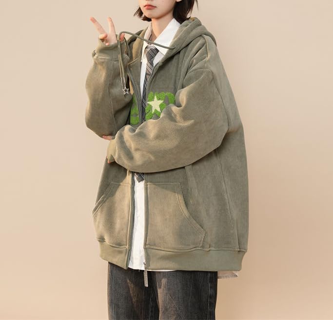 Sumleno Y2K Zip Up Hoodie Letter Print Star Graphic Grunge Hooded Corduroy Sweatshirt Jacket Oversized Retro Y2k Clothing (Green,M)