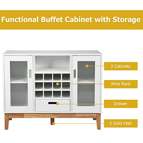 PETSITE White Sideboard Buffet Storage Cabinet with Removable Wine Rack, Glass Doors, Open Shelf & Drawer, Wood Accent Console Table for Living Room, Entryway