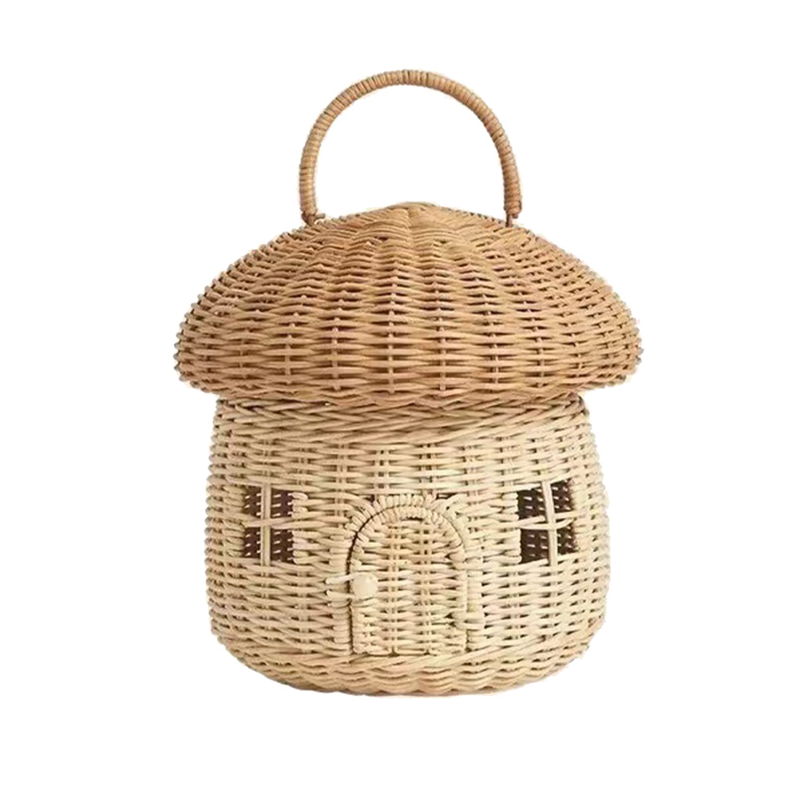 Wnvivi Mushroom Shape Rattan Storage Basket,Hand Woven Wicker Storage Bin with Handle and Lid,Cute Mushroom (25x25cm)