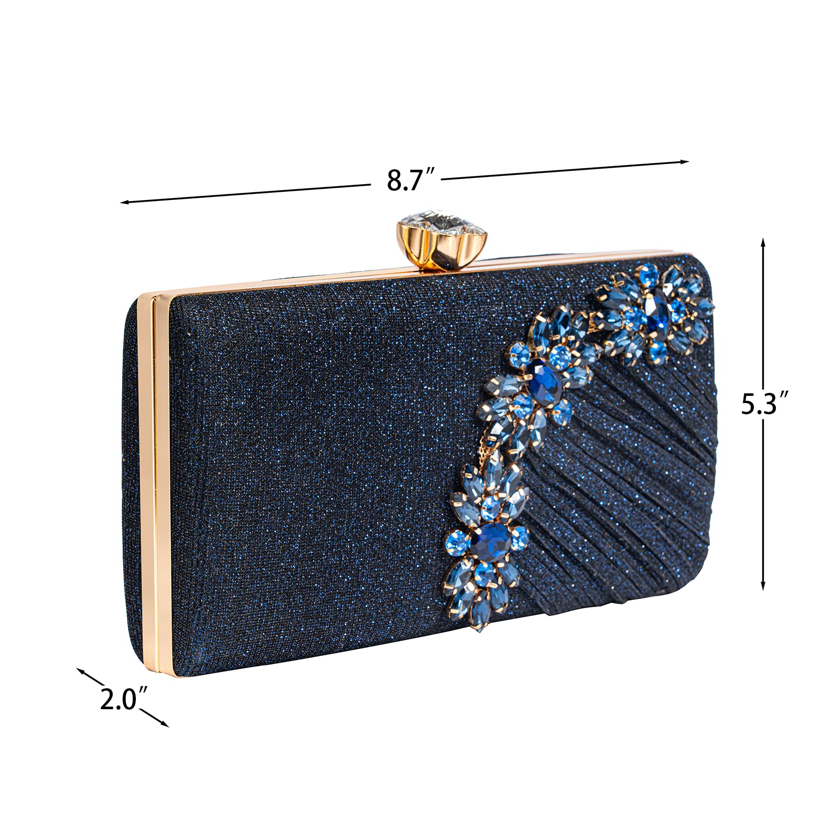 Mulian LilY Navy Blue Evening Bags For Women Glitter Crystal Pleated Bling Clutch Purse With Detachable Chain Strap M262