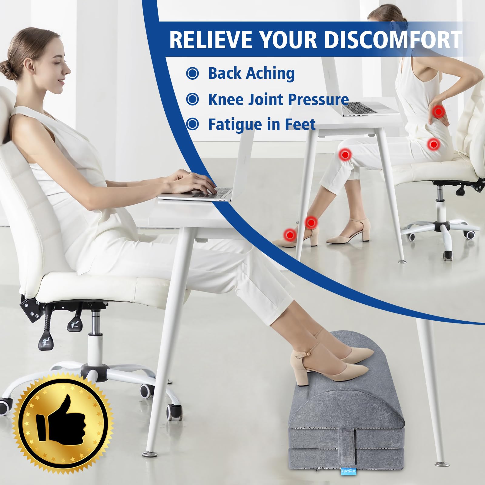 KAYFIA Foot Rest for Under Desk at Work XX-Large with 3 Adjustable Heights,Foot Stool with Supportive Gel-Infused Foam, Warmer Feet Pocket Footrest for Office Gaming Chair, for Leg Support -Gray