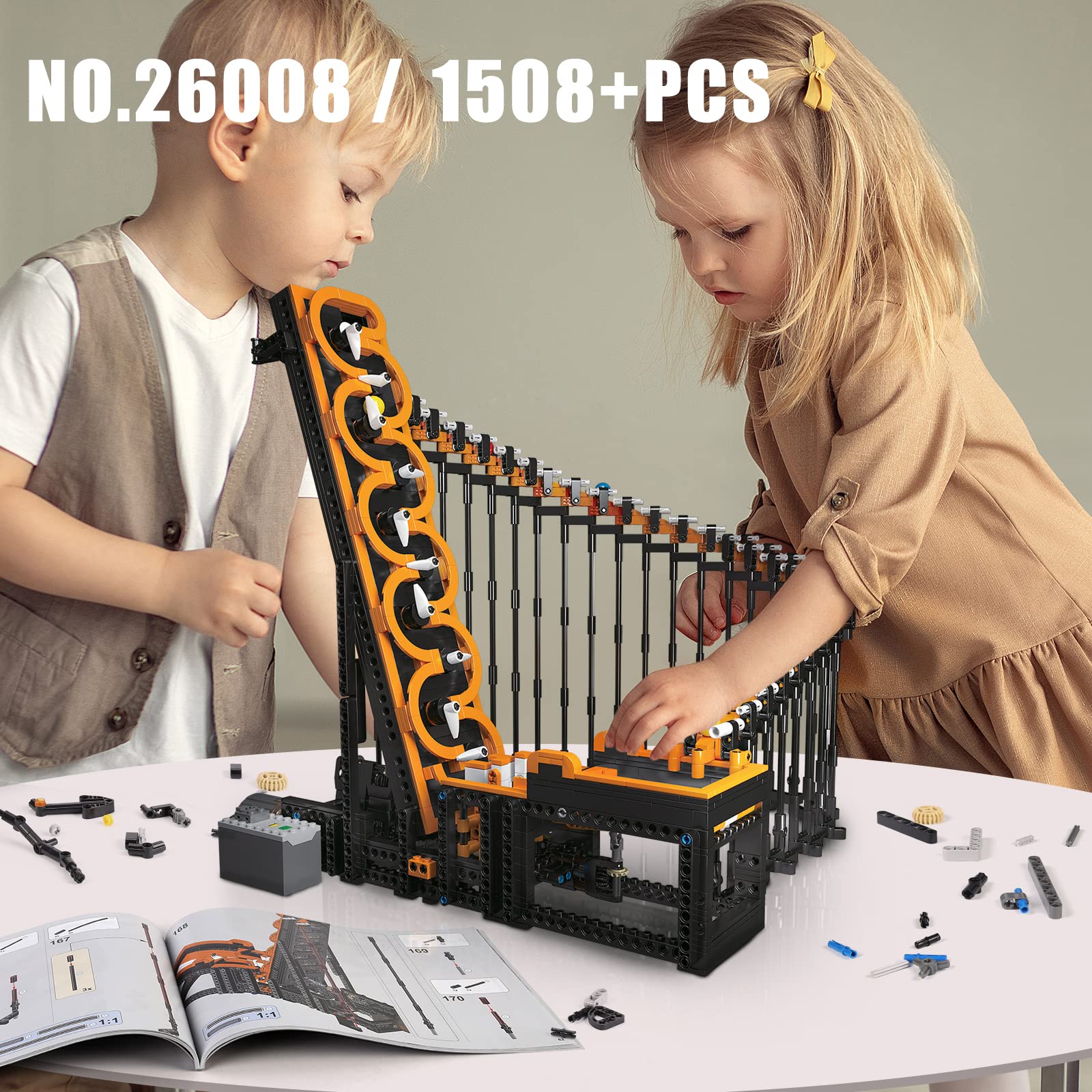 Mould King 26008 Harp Track Marble Run Building Blocks, Educational Power Lifting Steps, Roller Coaster Building Set, 1508 Pieces STEM Clamping Bricks Toy for Kid