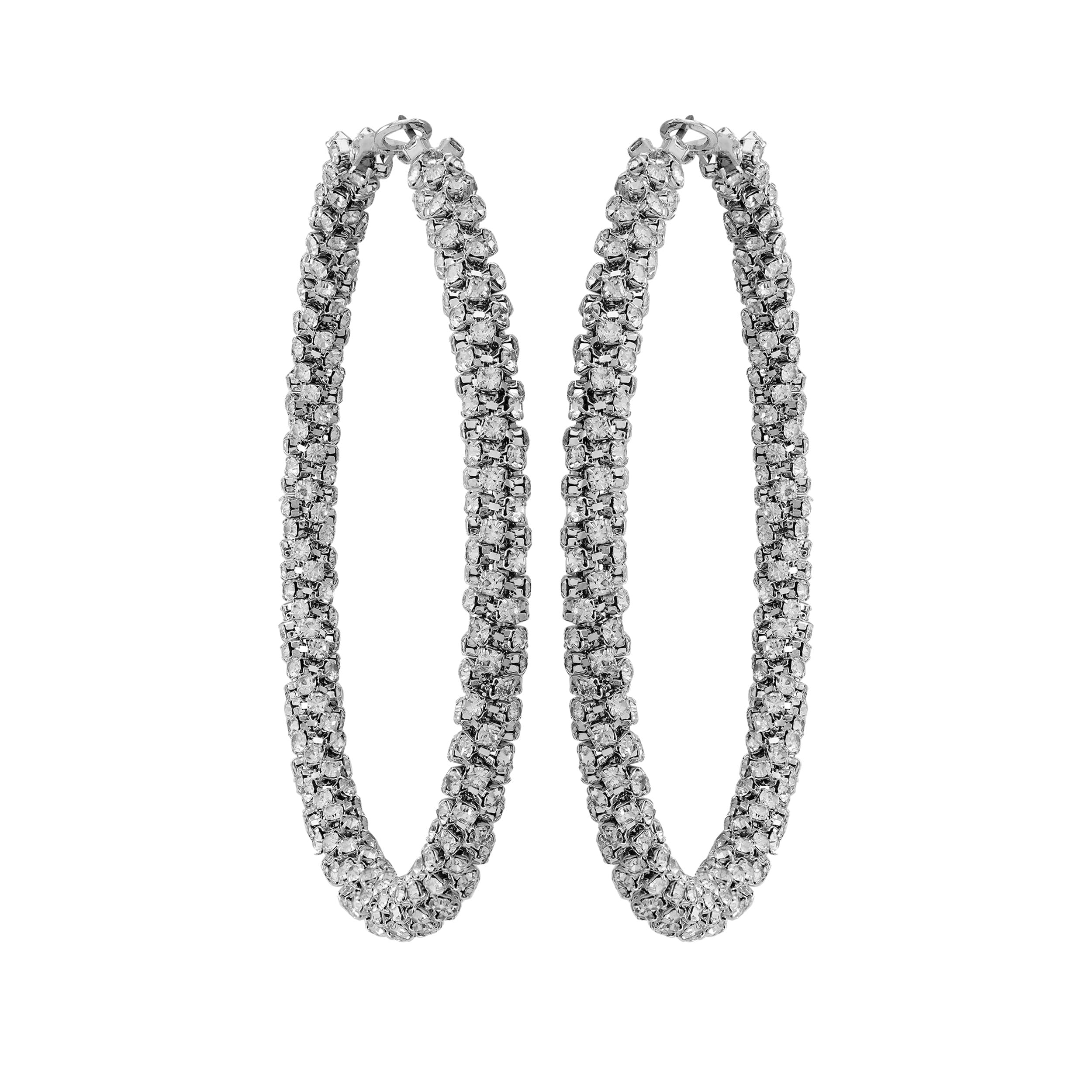 GUESS Women's Silver-Tone Pave Crystal Glass Stone Hoop Earrings