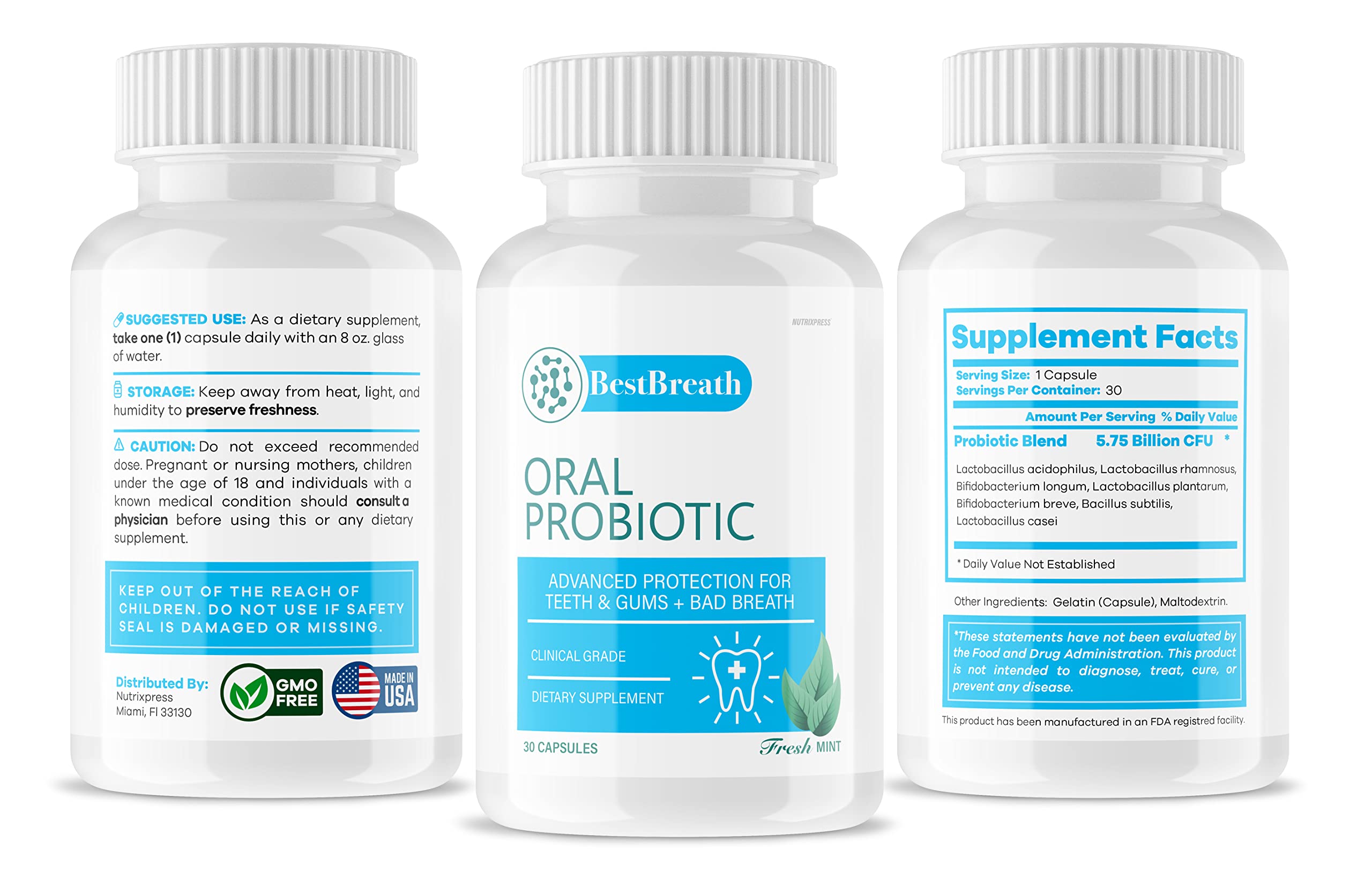 Nutrixpress (1 Pack) - Best Breath Oral Probiotic Pills for Mouth Bad Breath - New Brand BestBreath Probiotic Tablets for Teeth and Gums, Mints, Refresher, Adults, 30 Days Supply