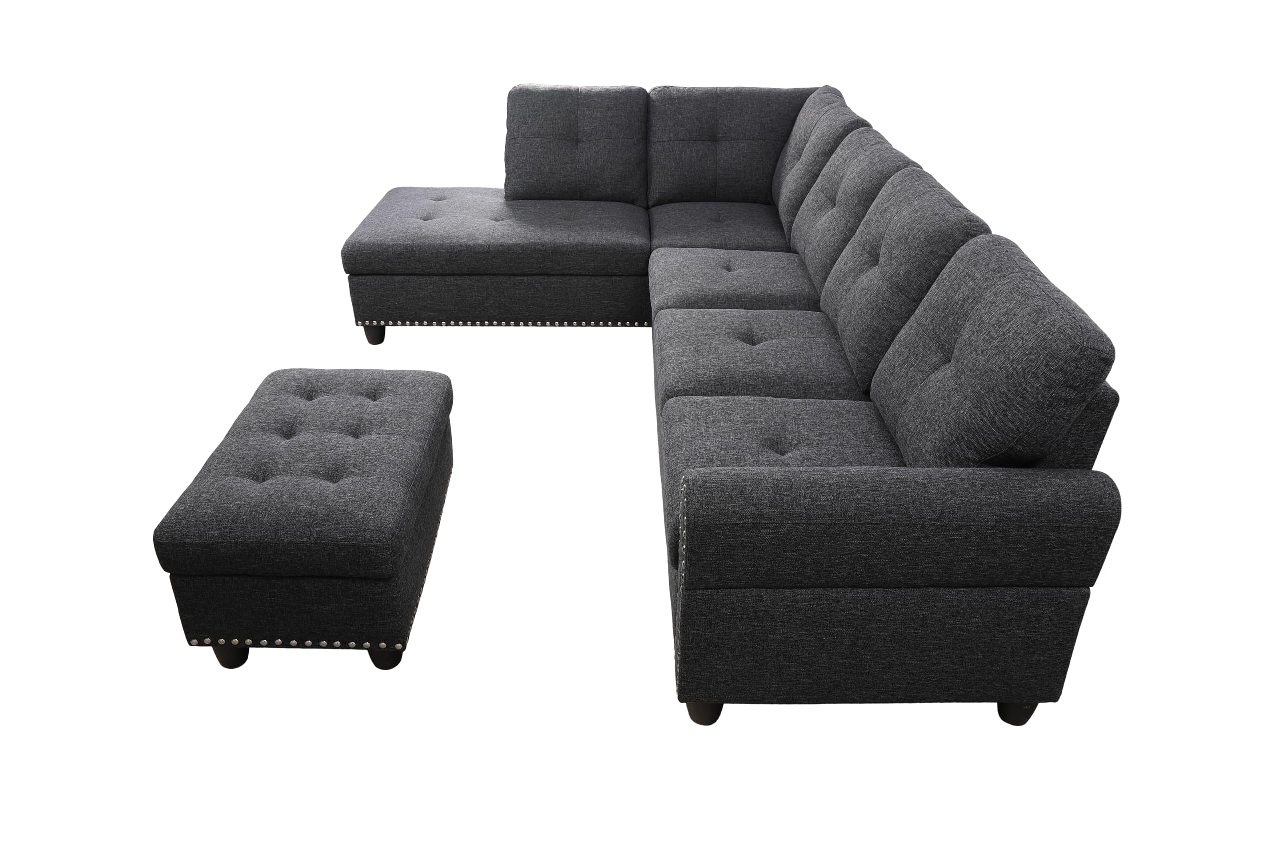 Yehha Upholstered Sofa, L-Shape Sectional Sofá with Removable Ottoman & Left Chaise, Cupholder Console & 2 Pillows, Modern Linen Couches for Apartment, Living Room, Charcoal Grey, Full