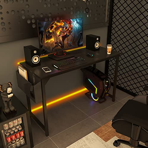Sweetcrispy Computer Desk 47 Inch Home Office Desk Writing Desk Sturdy Gaming Desk Table Workstation, Work Desk with Storage Bag, Headphone Hook & Metal Frame, Black