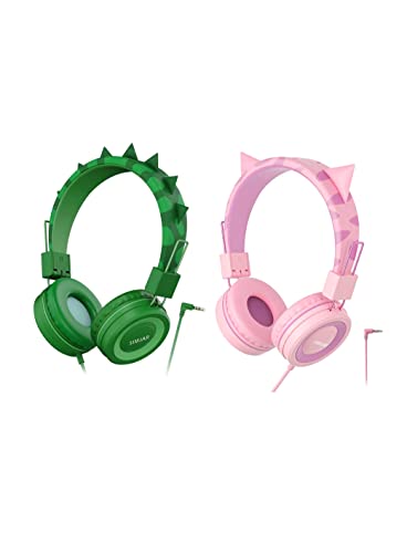 SIMJAR Dinosaur & Cat Ear Kids Headphones with Microphone for School, Volume Limiter 85/94dB, Wired Girls Headphones with Foldable Design for Online Learning/Travel/Tablet/iPad