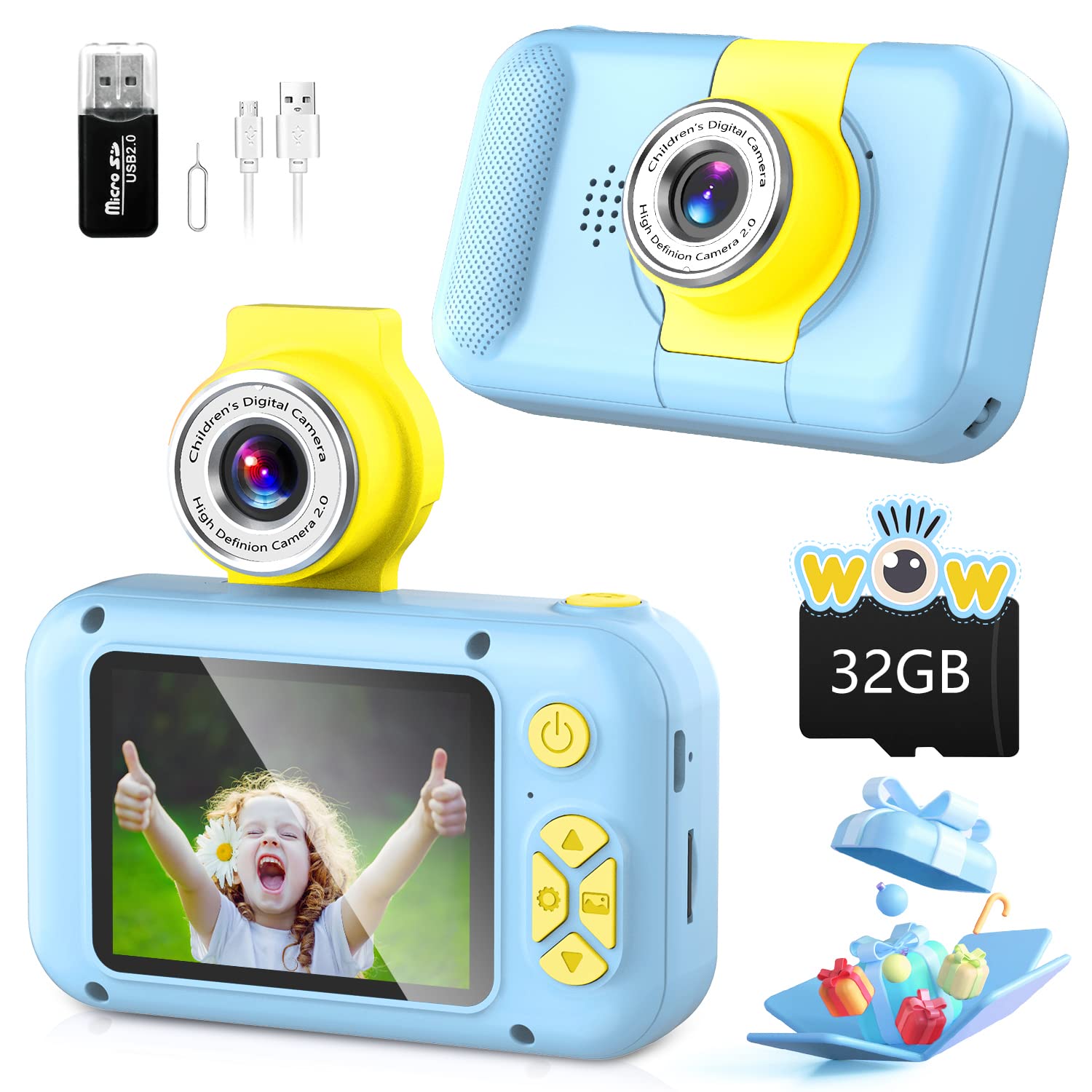 Kids Camera with 180° Flip-Up Lens, 2.4inch HD IPS Screen Digital Camera for Kids with Astronaut Silicone Case, with 32GB SD Card