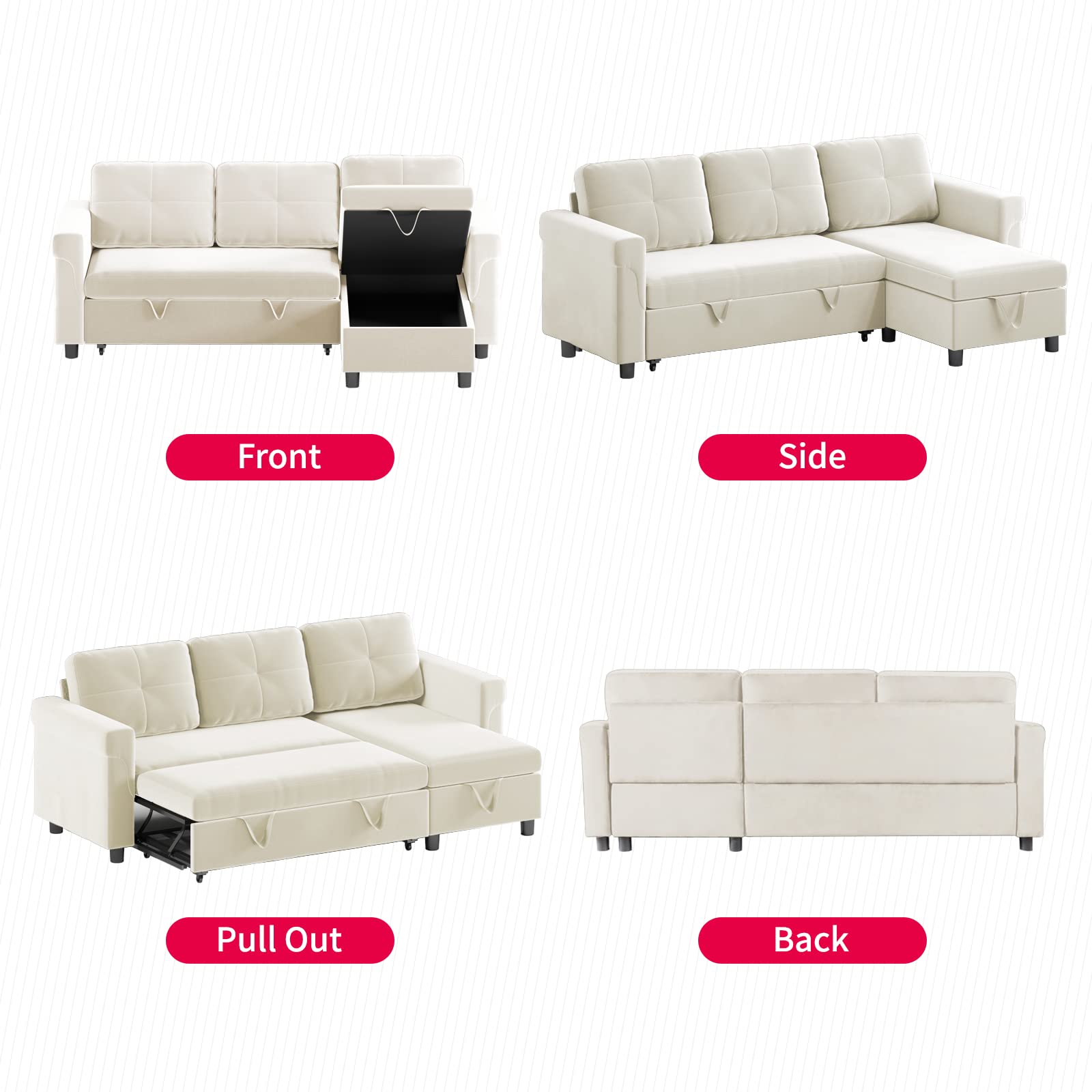 MUZZ Pull Out Sofa Bed with Storage, Reversible Sleeper Sofa,Sectional Sofa, L Shaped Chaise Sofa, Convertible Couches for Living Room,Beige