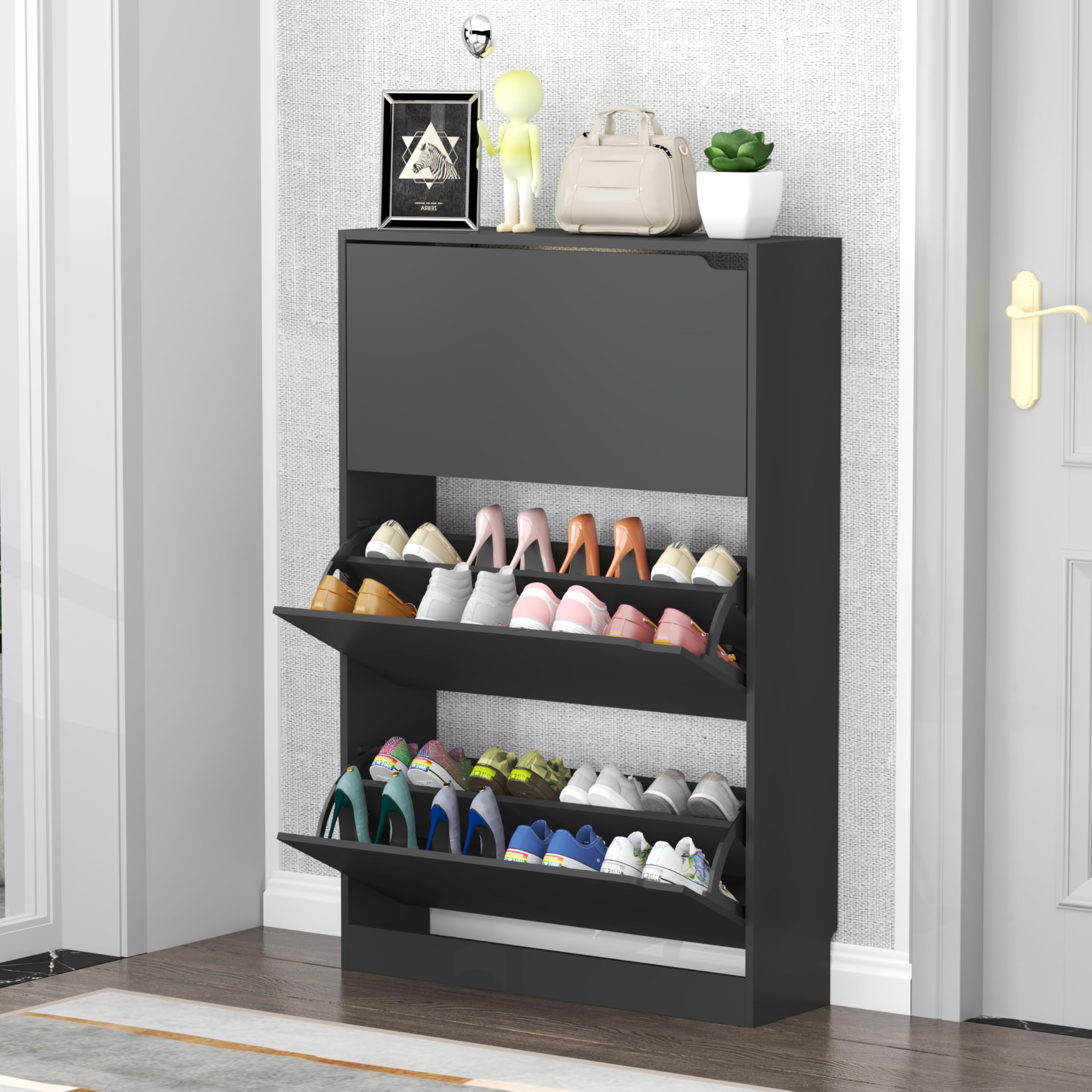 Wodeer Shoe Cabinet with 3 Flip Drawers,Wood Entryway Shoe Storage Cabinet,Freestanding Shoe Rack Storage Organizer for Entryway, Hallway, Black,9.33" D x 31.5" W x 47.2" H