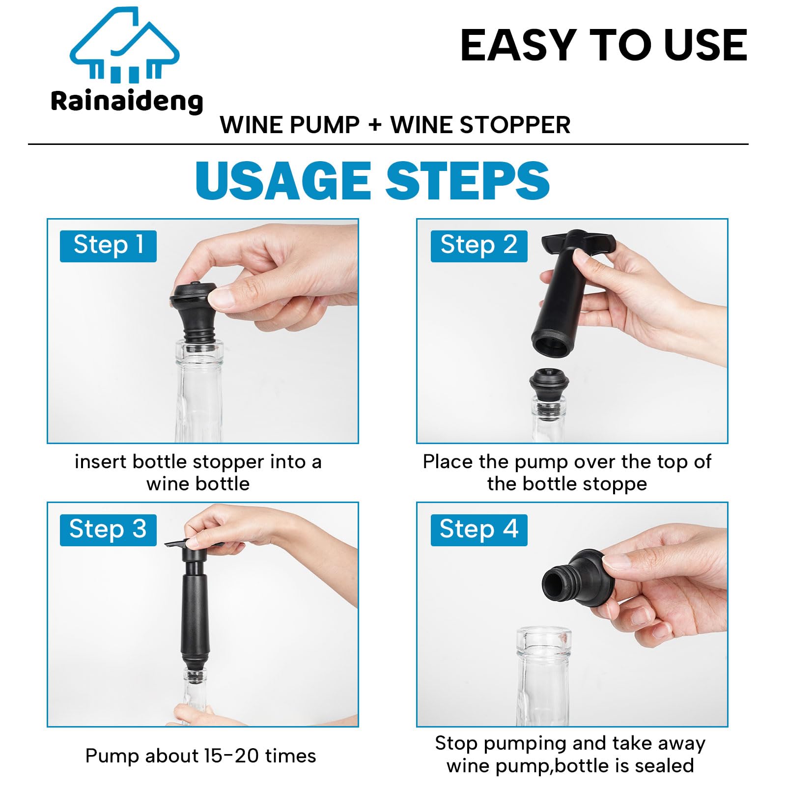 Rainaideng Wine Saver Pump with 6 Vacuum Stoppers,Wine Stopper, Wine Preserver, Wine Pump and Wine Vacuum Stopper are Black,Reusable Bottle Sealer Keeps Wine Fresh, Ideal Wine Accessories Gift
