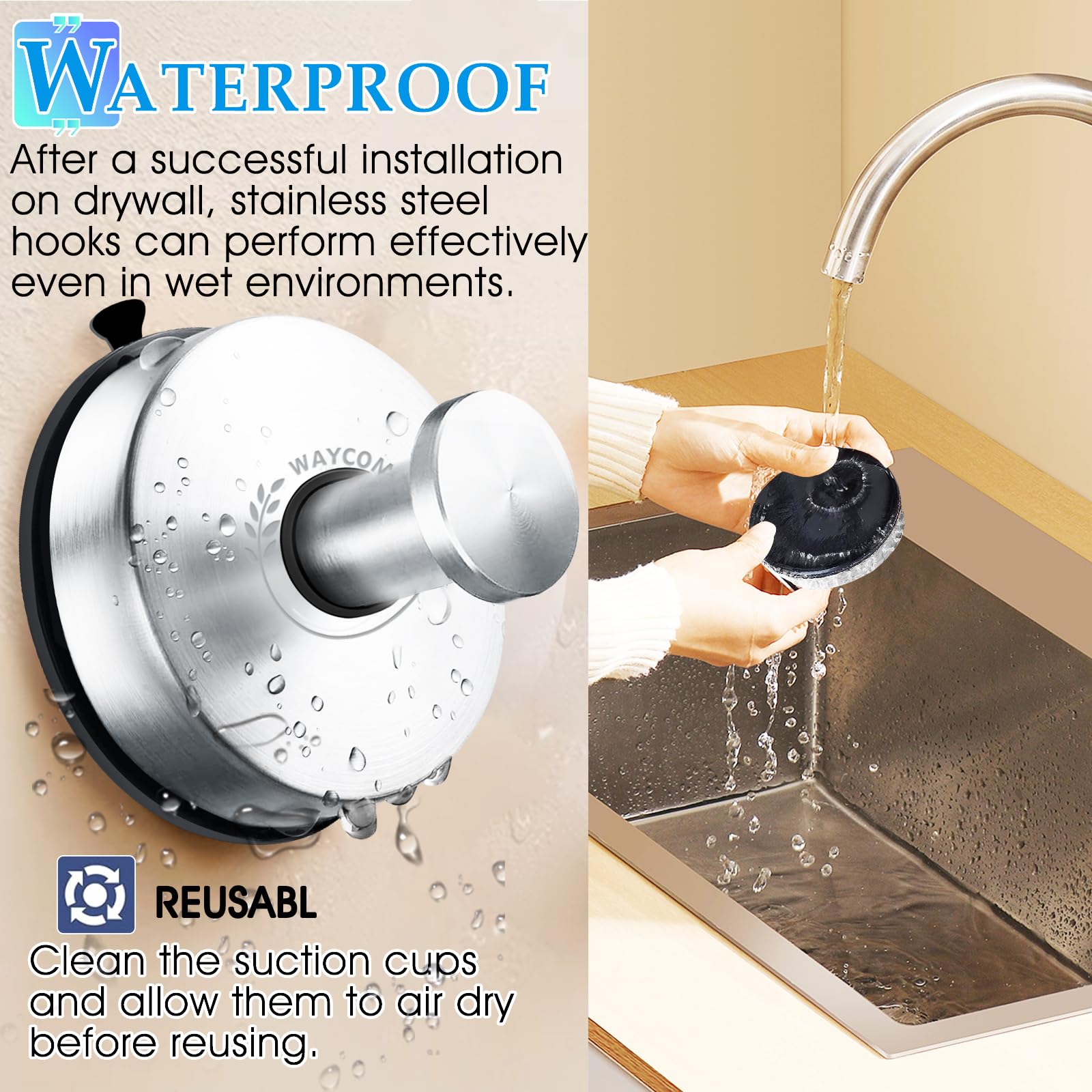 WAYCOM Suction Cup Hooks for Shower, 2Pcs Towel Hooks for Bathroom Wall SUS304 Vacuum Stainless Steel Shower Hooks Bathroom, Kitchen, Glass Door, Tile β Loofah, Towel, Coat, Bath Robe Hook Holder