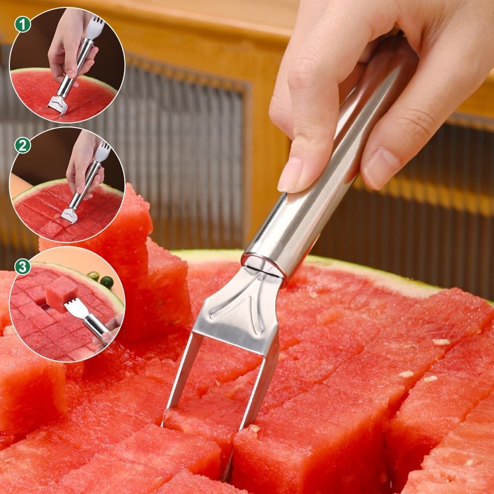 Upgraded 2-in-1 Stainless Steel Fruit Cutter,2024 Newest Watermelon Slicer Watermelon Cutter Melon Cutter Tool,Dual Head Fruit Forks Slicer Watermelon Cutter Tool, Summer Fruit Cutting Fork for Home
