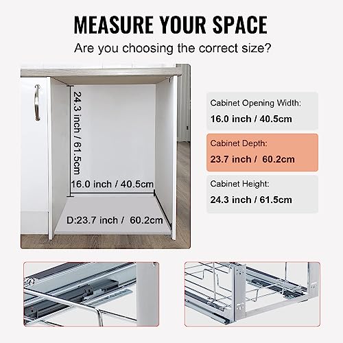 VEVOR Pull-Out Trash Can, 37Qt Double Bins, Under Mount Kitchen Waste Container with Soft-Close Slides, 44 lbs Load Capacity & Door-Mounted Brackets, Garbage Recycling Bin for Kitchen Cabinet, Grey