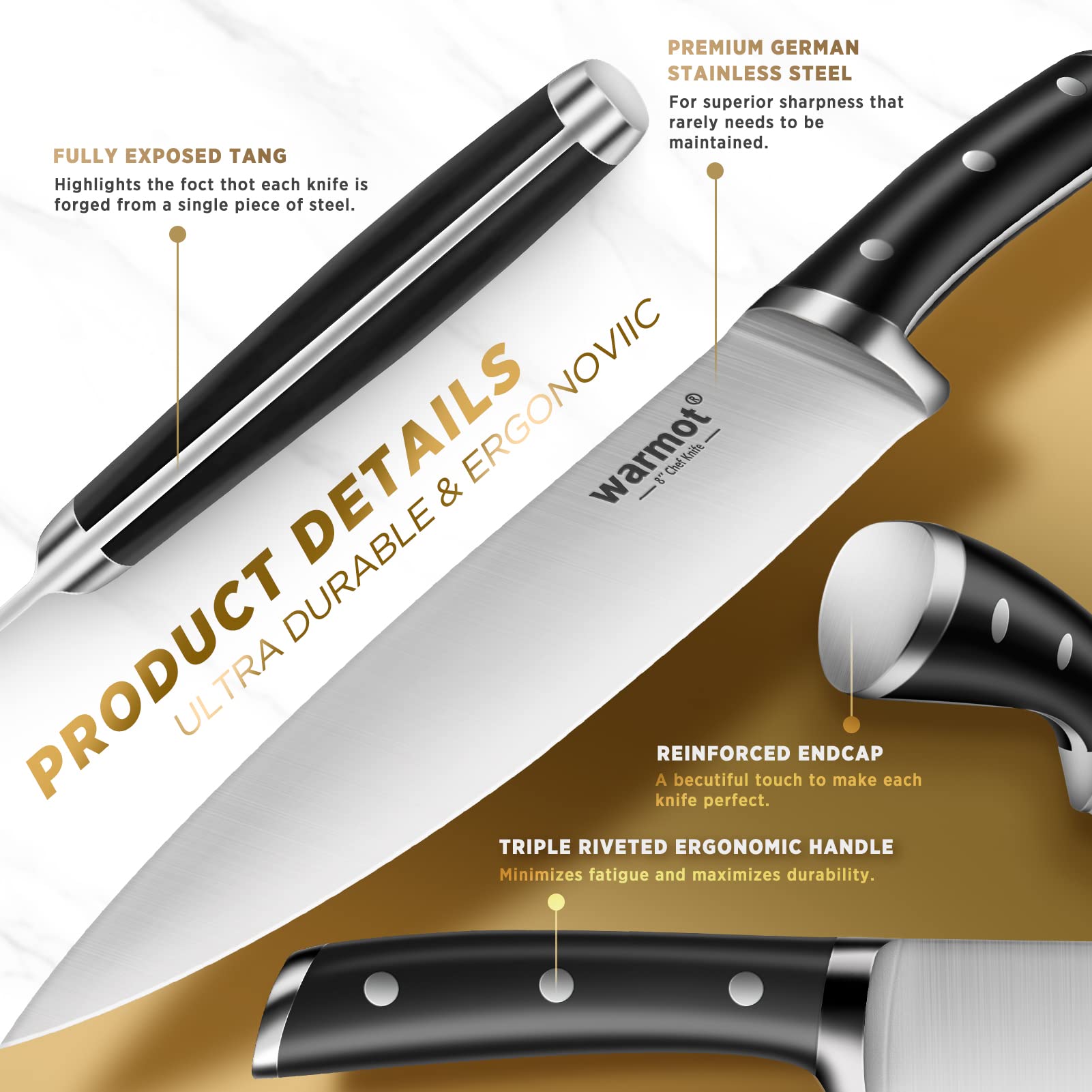 Kitchen Knife Set with Block, Warmot 15 Pcs Ultra Sharp Chef Knife Set Full Tang Knife Set with Knife Sharpener, High Carbon Stainless Steel Knife Block Set Triple Riveted Handle