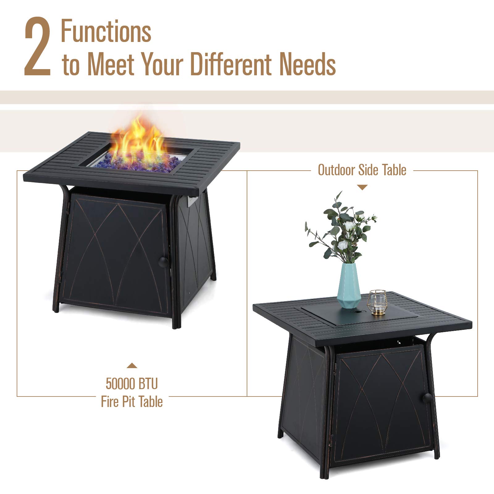 MFSTUDIO 28 Inch Propane Gas Fire Pit Table & Wicker Chairs Furniture Set with Blue Fire Glass, Multi-Function Outdoor Patio Conversation Set, 50,000 BTU, CSA Certification