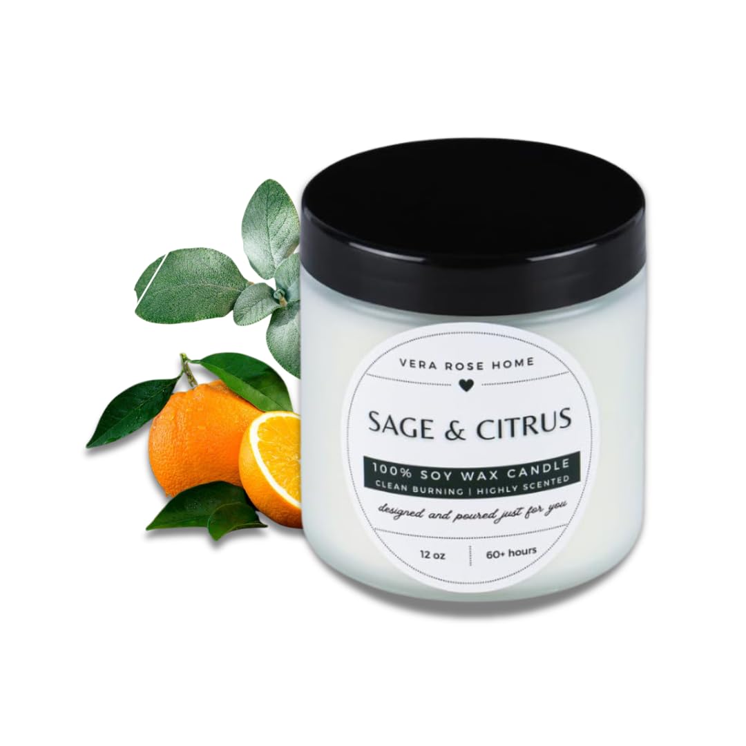 Vera Rose Home Sage & Citrus Scented Soy Candle Long Burning Highly Scented Candles 60+ Hours Clean Burning White Natural, Christmas Gift Odor Eliminating Candle Safe for Pets 12oz Jar Candle