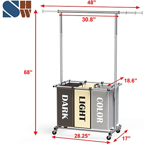 Simple Houseware Garment Rack with 3 Bag Laundry Sorter, Multi Color