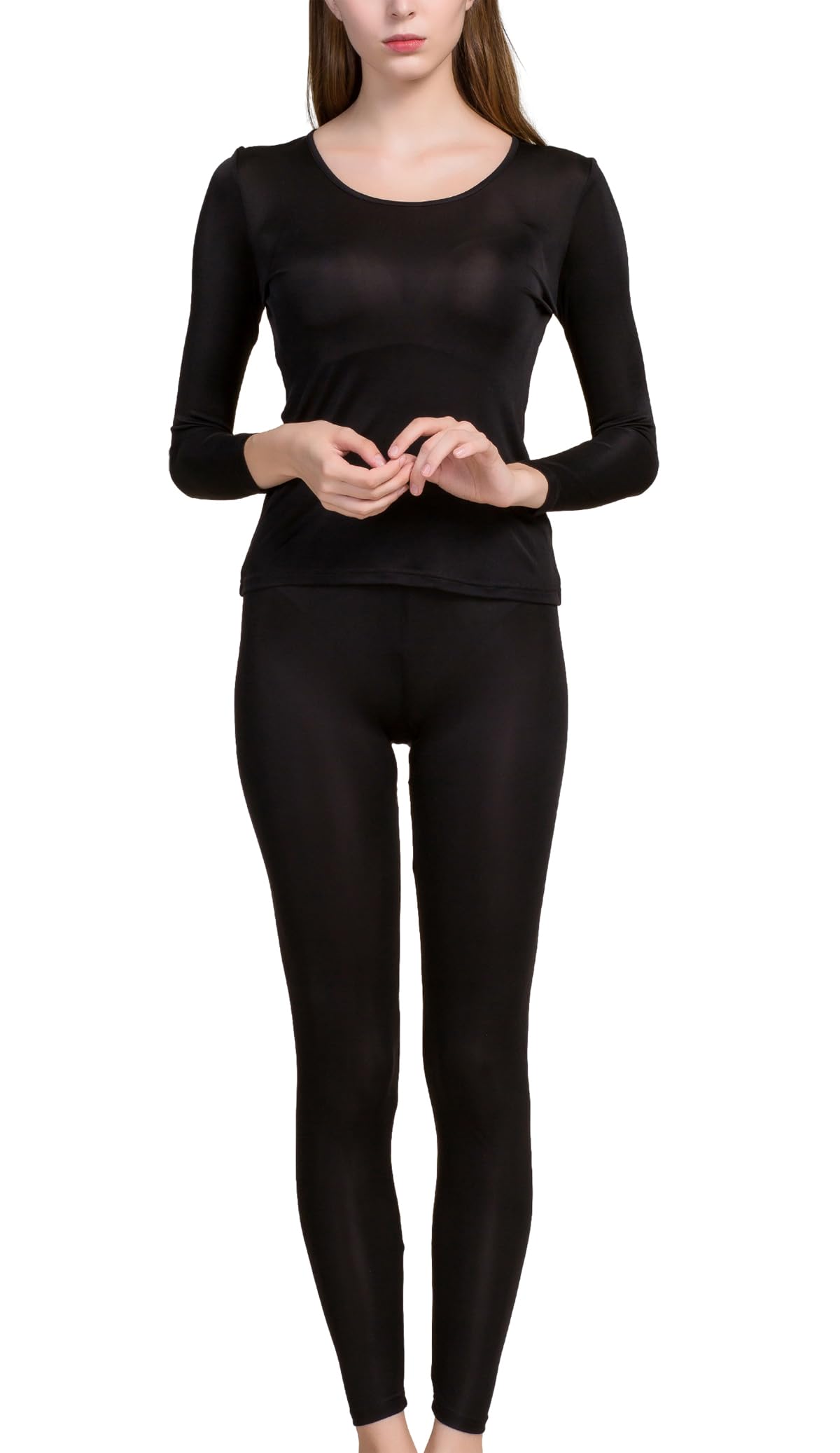 Grenasasilk Womens Silk Long Underwear Mulberry Silk Long Johns Silk Thermal Underwear Sets Cold Weather Base Layer (M, Black)