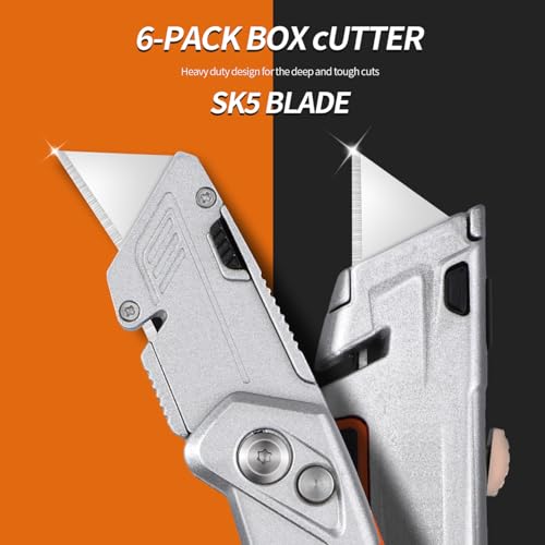 GRENPRO 6-Pack Utility Knife, SK5 Heavy Duty Retractable Folding Utility Knife, Storage Blade Design, Quick-change,Comes with 38 Extra CK75 Blades,Cut Cartons, Cardboard and Boxes,(Total 44 Blades)