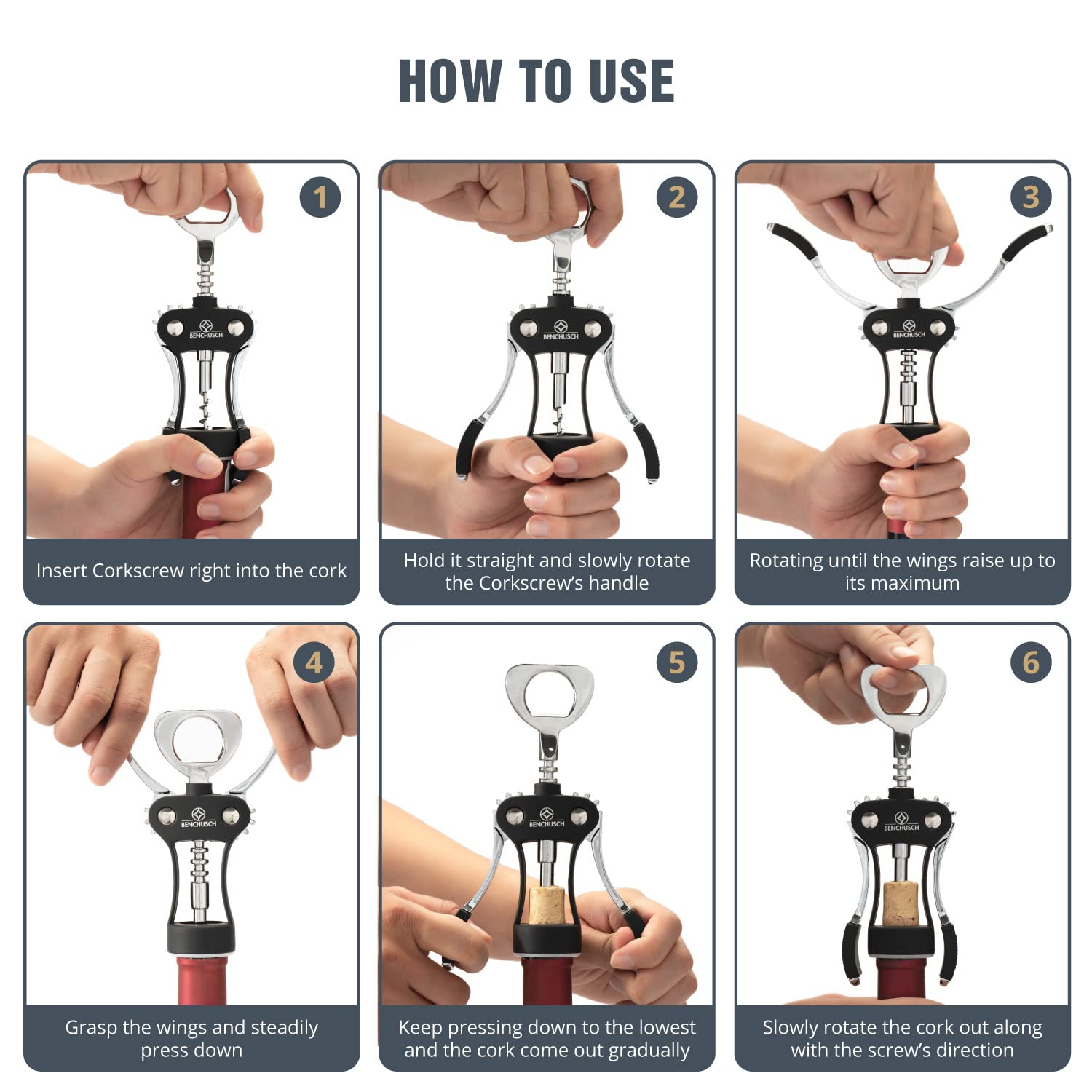 Manual Wine Opener - Multifunctional Zinc Alloy Premium Wing Corkscrew Wine Bottle Opener - Built-In Beer Cap Openers Accessories - Used In Kitchen, Restaurant & Bar (Black)