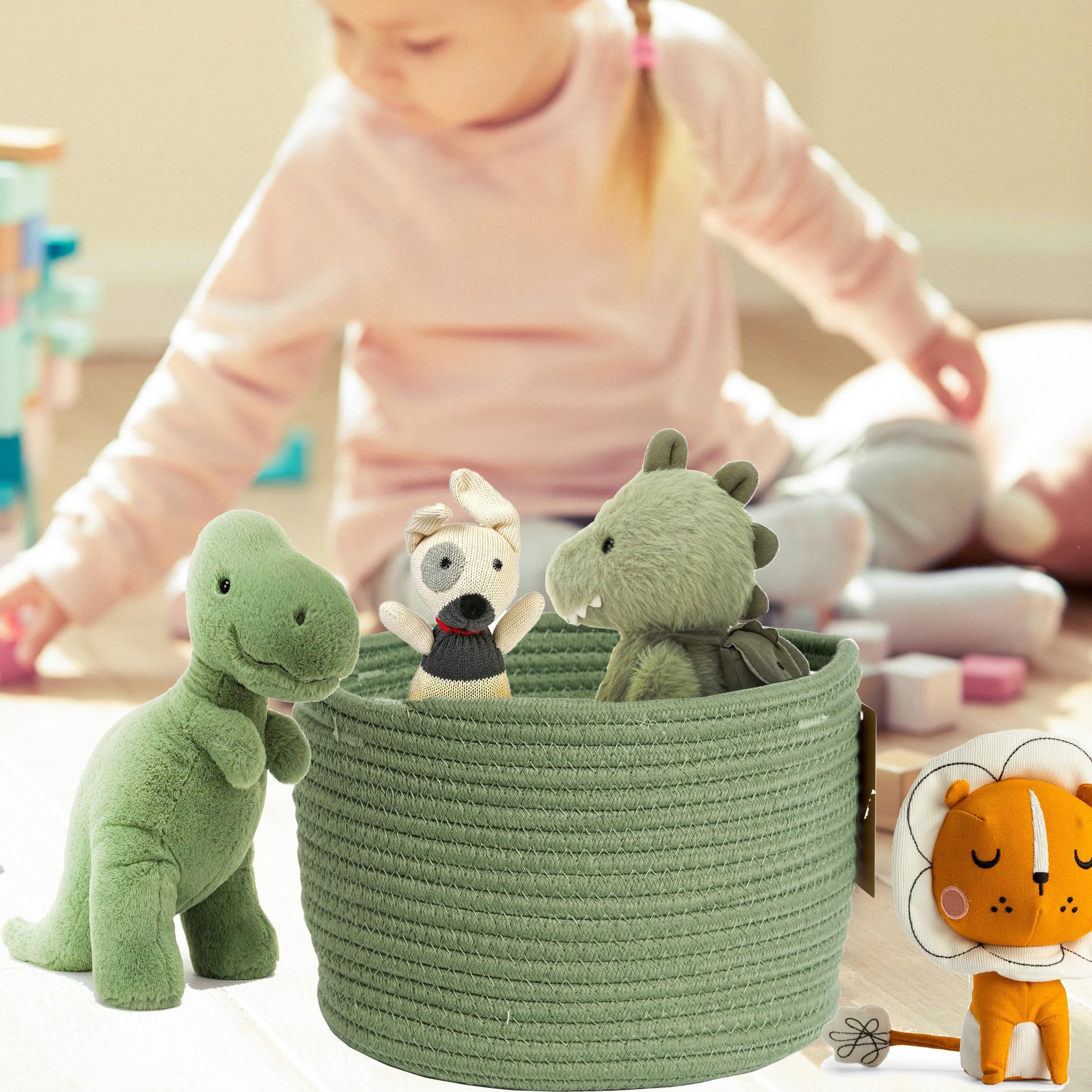 Storage Basket for Organizing | Cube Closet Rope Baskets | Cute Small Woven Toy Baskets for Nursery & Shelves | Empty Decorative Gift | Round 3Packs Green | 10βx10βx7.1β