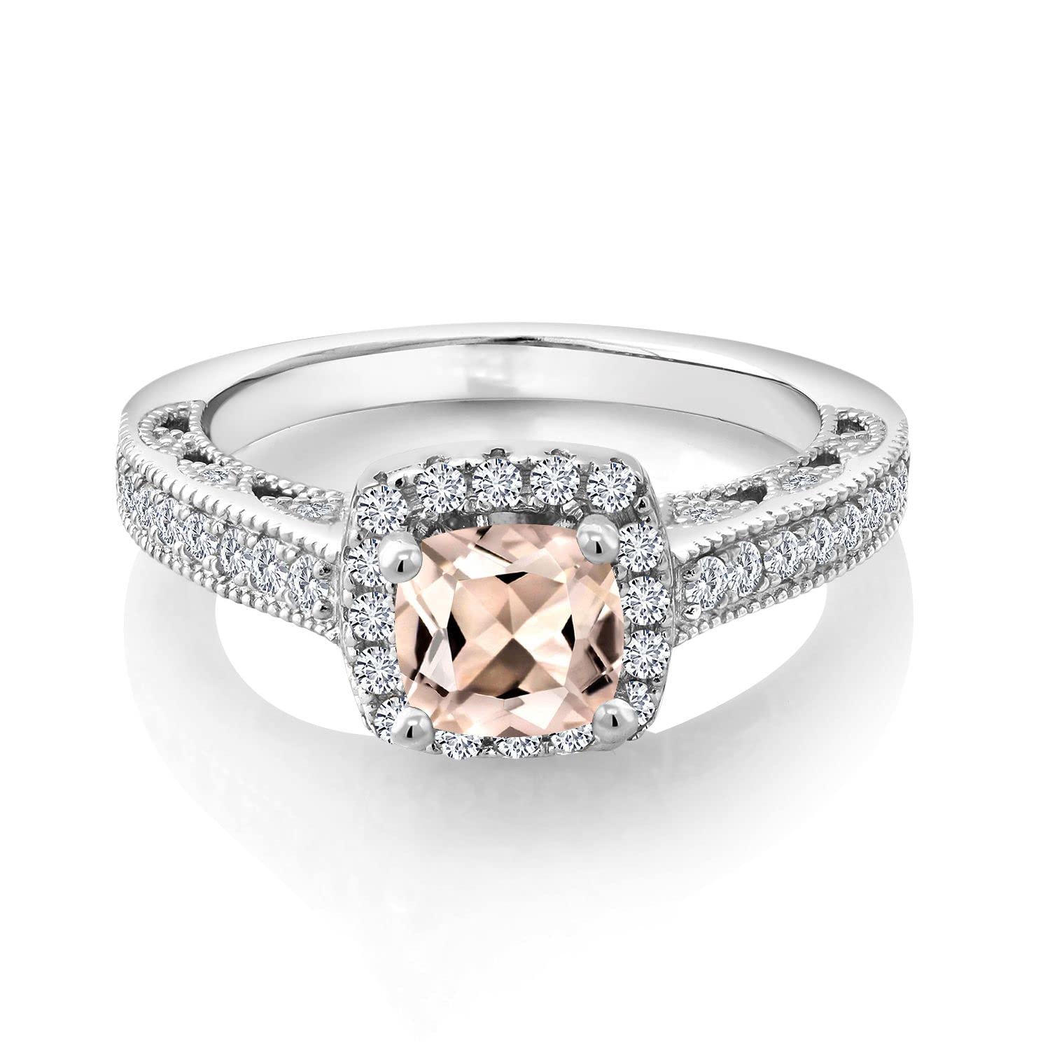 Gem Stone King 925 Sterling Silver Peach Morganite and White Created Sapphire Women Ring (1.40 Cttw, Cushion 6MM, Available in size 5, 6, 7, 8, 9)