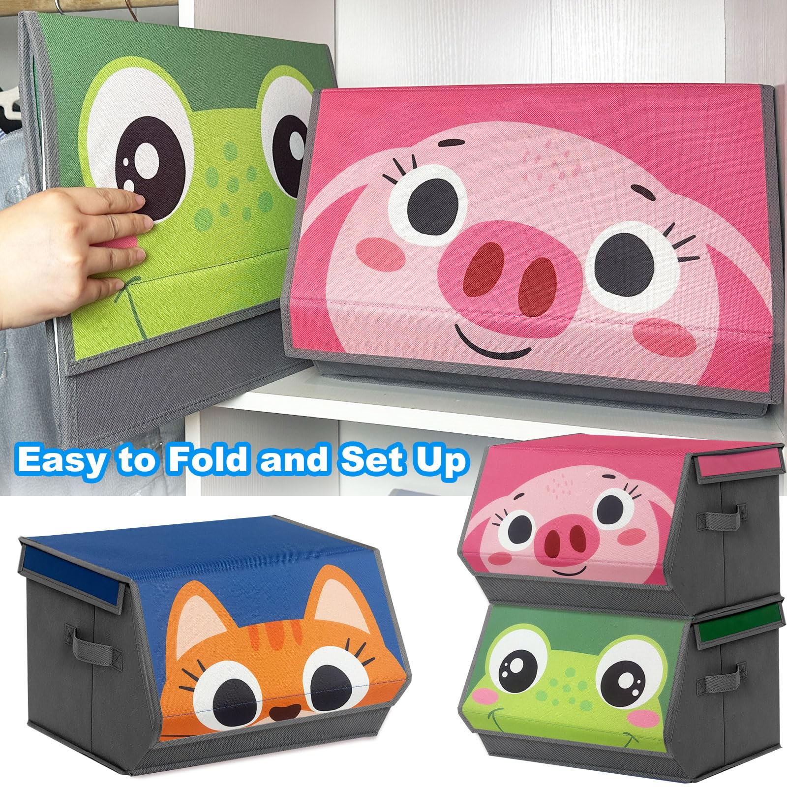 VERONLY 3 Pack Stackable Storage Bins for Boys and Girls, Kids Storage Drawers Boxes with Lids, Foldable Closet Organizers with Velcro for Bedroom, Playroom, Kindergarten, Nursery(Pink, Green, Blue)
