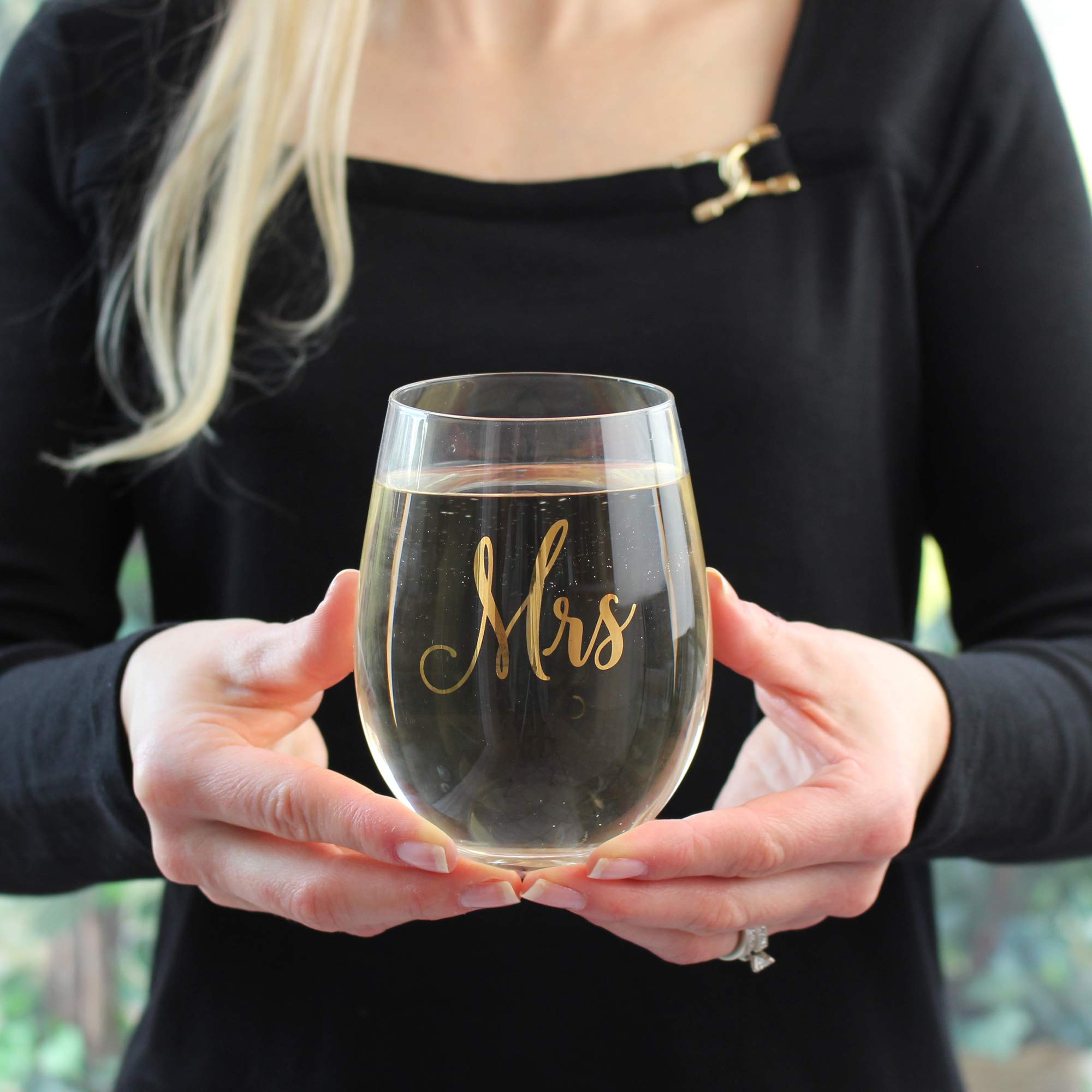 Lillian Rose Gold Mrs. Stemless Wine Glass, 1 Count (Pack of 1), Clear