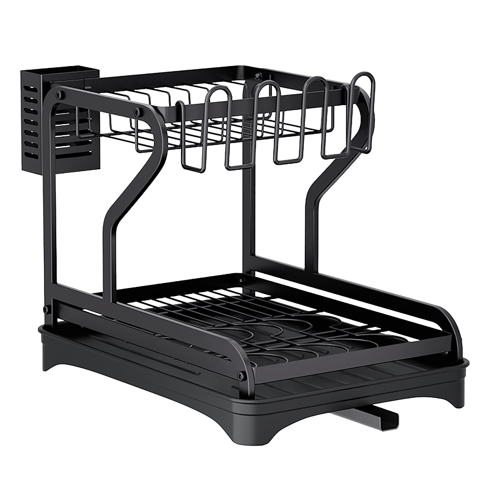 LIMORUNS 2 Tier Dish Rack Dish Drying Rack with Drainboard, Dish Drainer Rack with Utensils, Rustproof Large Black Dish Holders for Kitchen Counter Escurridor De Platos para Fregadero Father's Gift