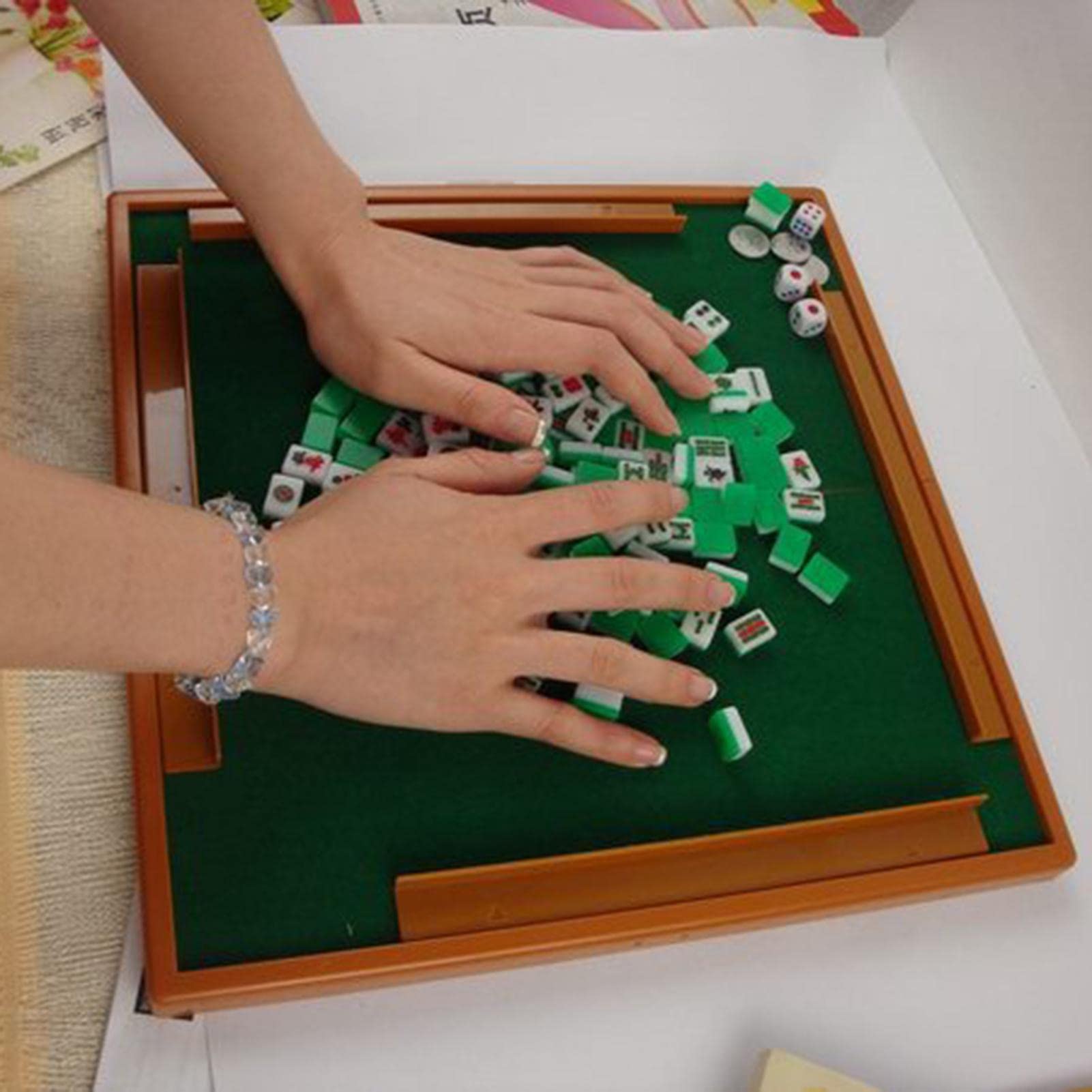 pologmase Portable Mahjong Set, Home Mahjong Board Game Sets, Portable Elaborately Crafted Mahjong with Foldable Table, Ruler for Travel Home Party